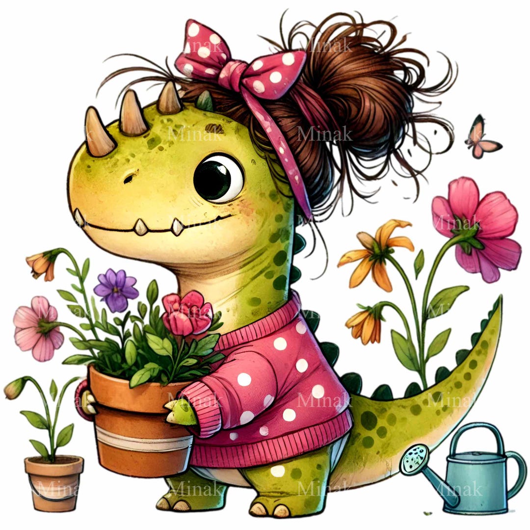 10 Cute Dinosaur Gardener PNG Clipart, Green Dino With Plants and Polka ...