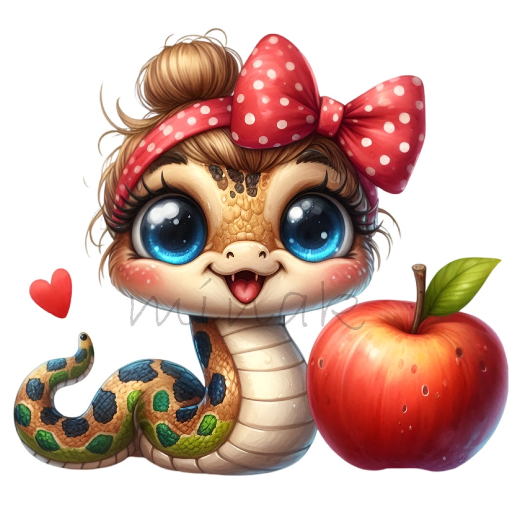 Cute Snake PNG Clipart | 12 Adorable Snake With Bow and Apple | Cartoon ...