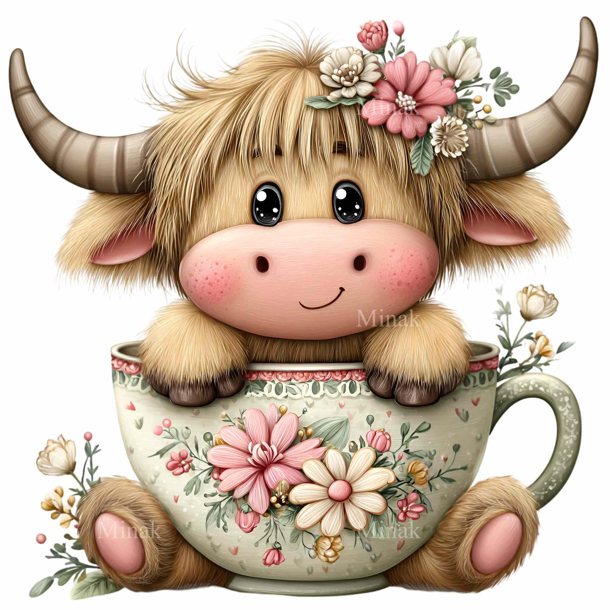 15 PNG Highland Cow Teacup Clipart – Floral Baby Cow Illustration ...