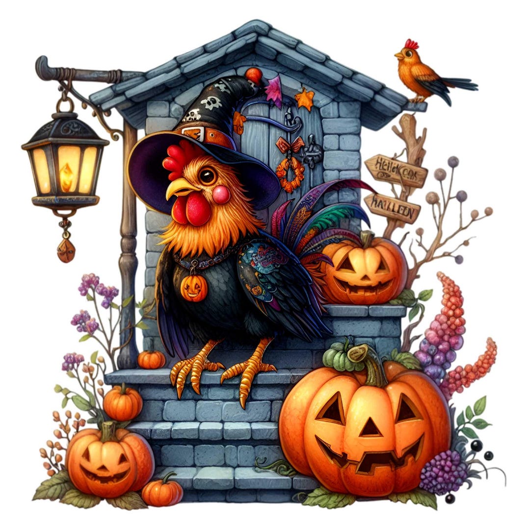 Halloween Rooster in Witch Hat Clipart Spooky Porch Scene With Jack-o ...