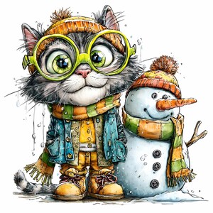 15 PNG Winter Cat and Snowman Clipart – Cute Cold Weather PNG – Holiday ...