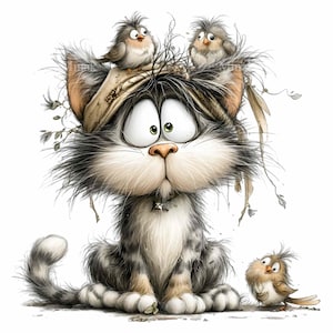15 PNG Cat With Birds Clipart - Funny Kitten Digital Download for ...