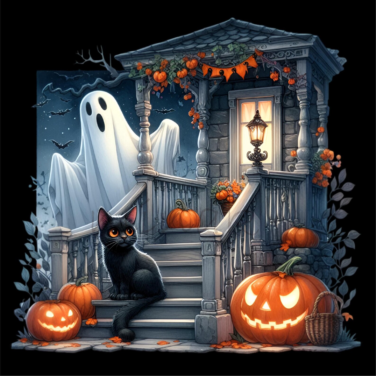 Spooky Cat in Ghost Costume With Pumpkins 12 Halloween Clipart PNG for ...