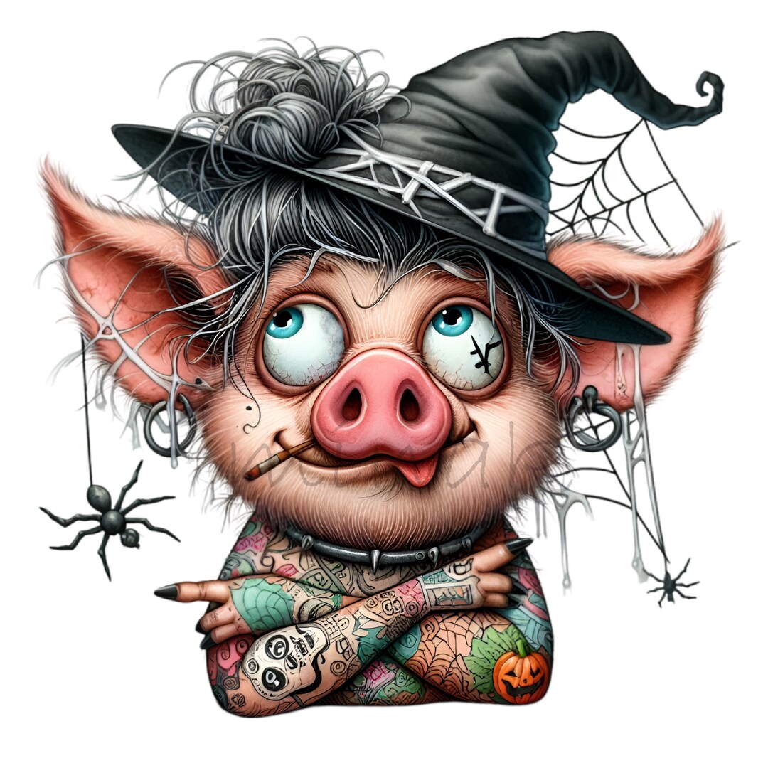 Crazy Pig With Witch Hat and Spider Web 12 PNG Quirky Animal Funny ...