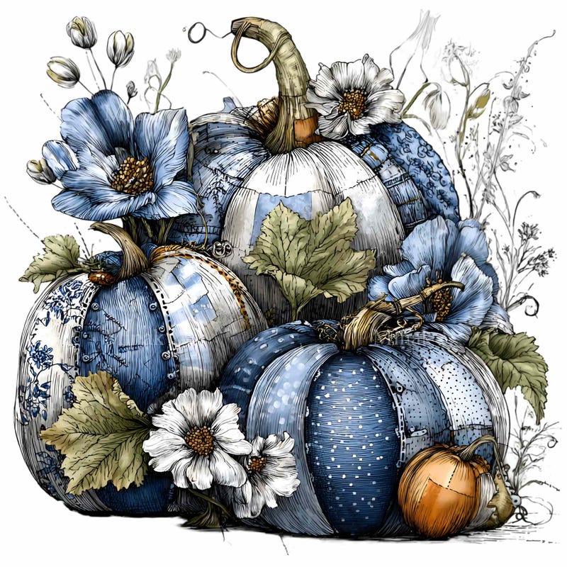 Blue and White Pumpkin Clipart - Etsy