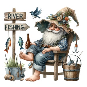 Fishing Gnome Clipart With River Sign and Fishing Gear 10 Whimsical and ...