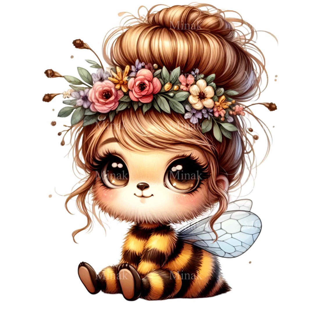 15 Cute Bee Girl PNG Clipart With Big Eyes, Floral Crown and Top Knot ...