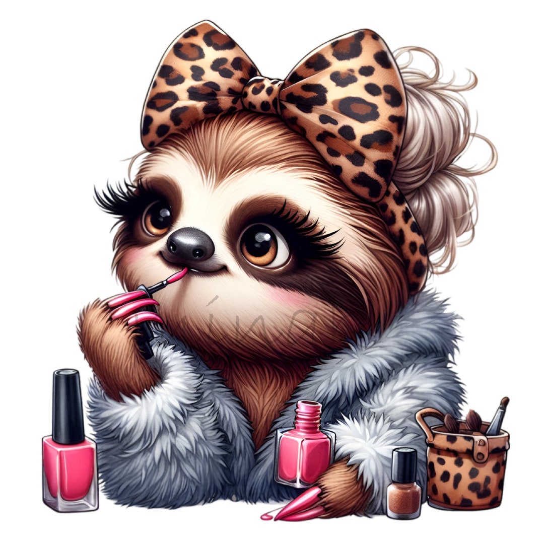 15 Makeup Sloth PNG Clipart, Cute Sloth With Leopard Bow, Lipstick and ...