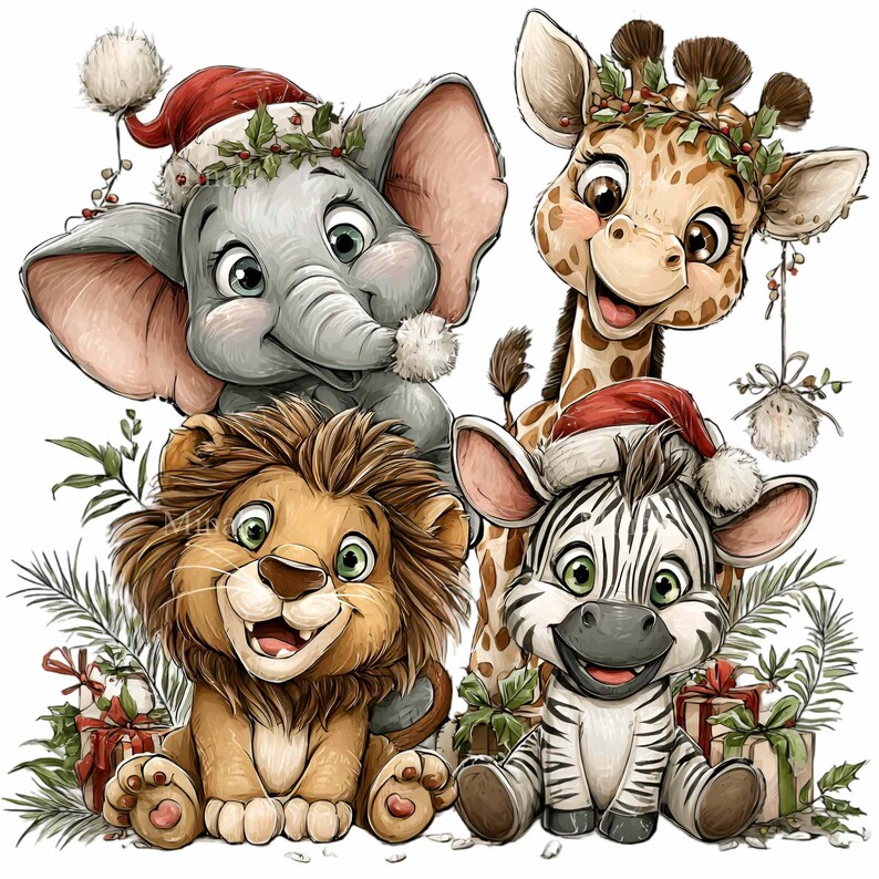 10 PNG Safari Animals Christmas Clipart – Cute Zoo PNG – Digital ...