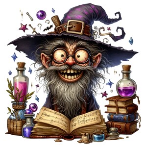Crazy Wizard Making Potion Old Book Recipe, 12 PNG Funny Kids Halloween ...