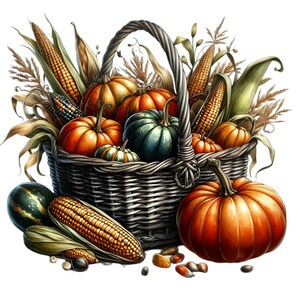 12 PNG Fall Harvest Basket Clipart, Autumn Pumpkins and Corn PNG ...