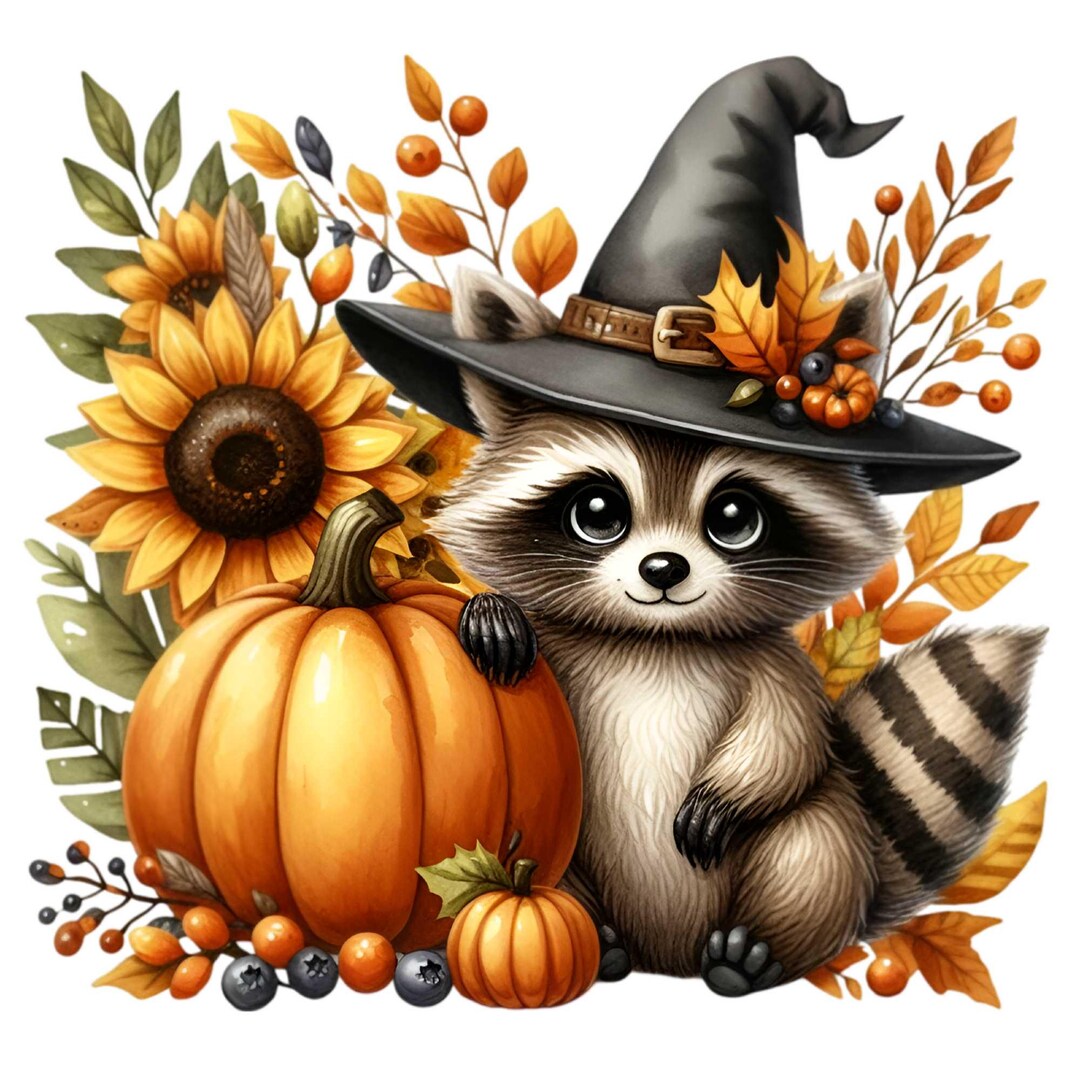Raccoon Witch Clipart With Pumpkin and Sunflowers, Autumn Harvest Art ...
