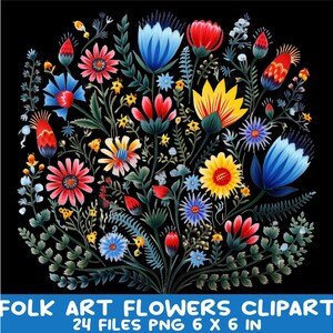 Folk Art Flowers Clipart Bundle 24 PNG Floral Rustic Patterns Card ...