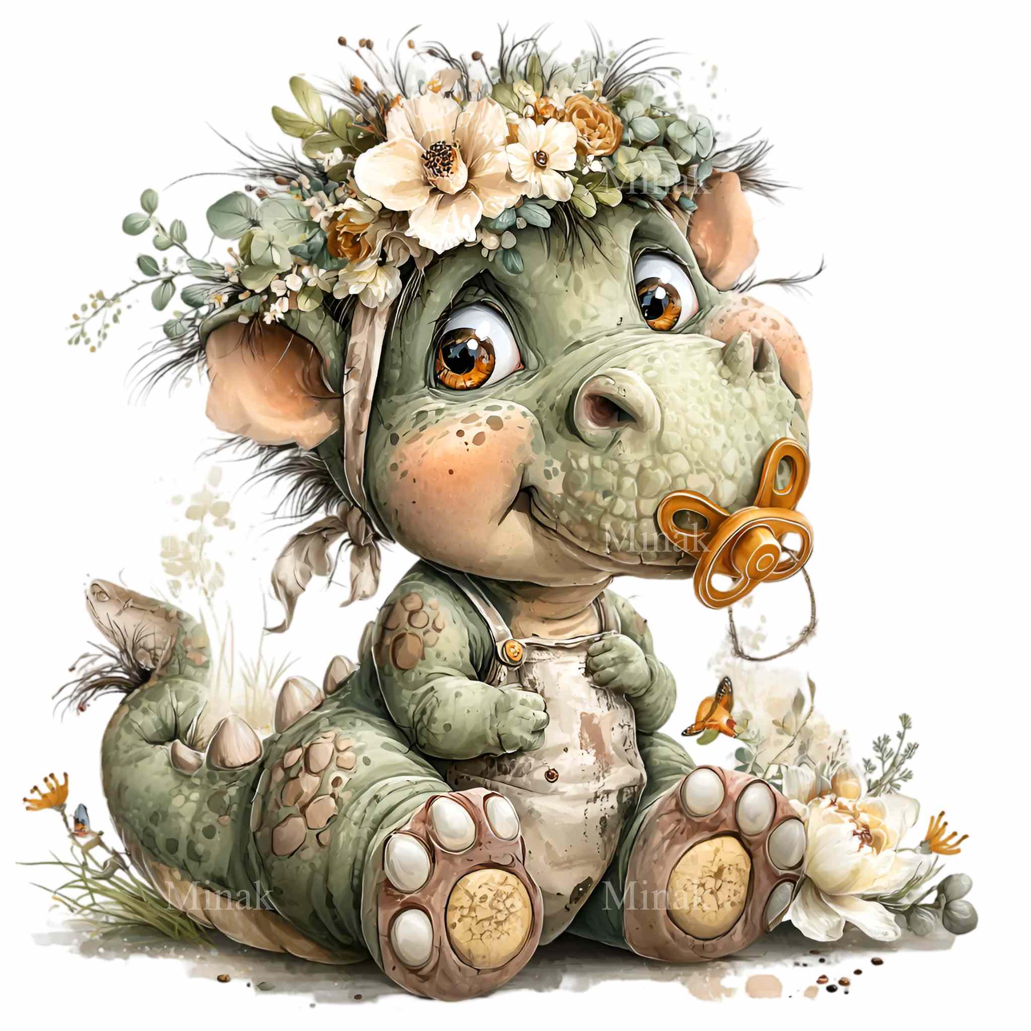 15 PNG Baby Dinosaur Clipart Floral Illustration, Watercolor Dino ...