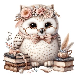 12 PNG Book Owl Clipart – Floral Owl Art With Glasses and Vintage Books ...