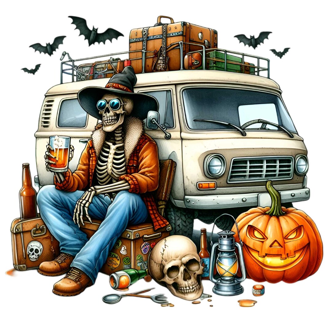 Spooky Skeleton Camper Clipart PNG 12 Halloween Road Trip With Pumpkin ...