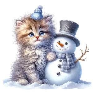 Cute Kitten and Snowman Clipart PNG - 18 Adorable Winter Cat in Hat and ...