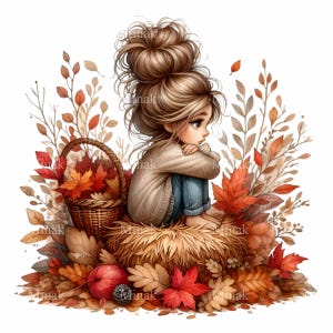 Cute Autumn Girl Clipart With Leaves, 15 Fall Illustration PNG ...