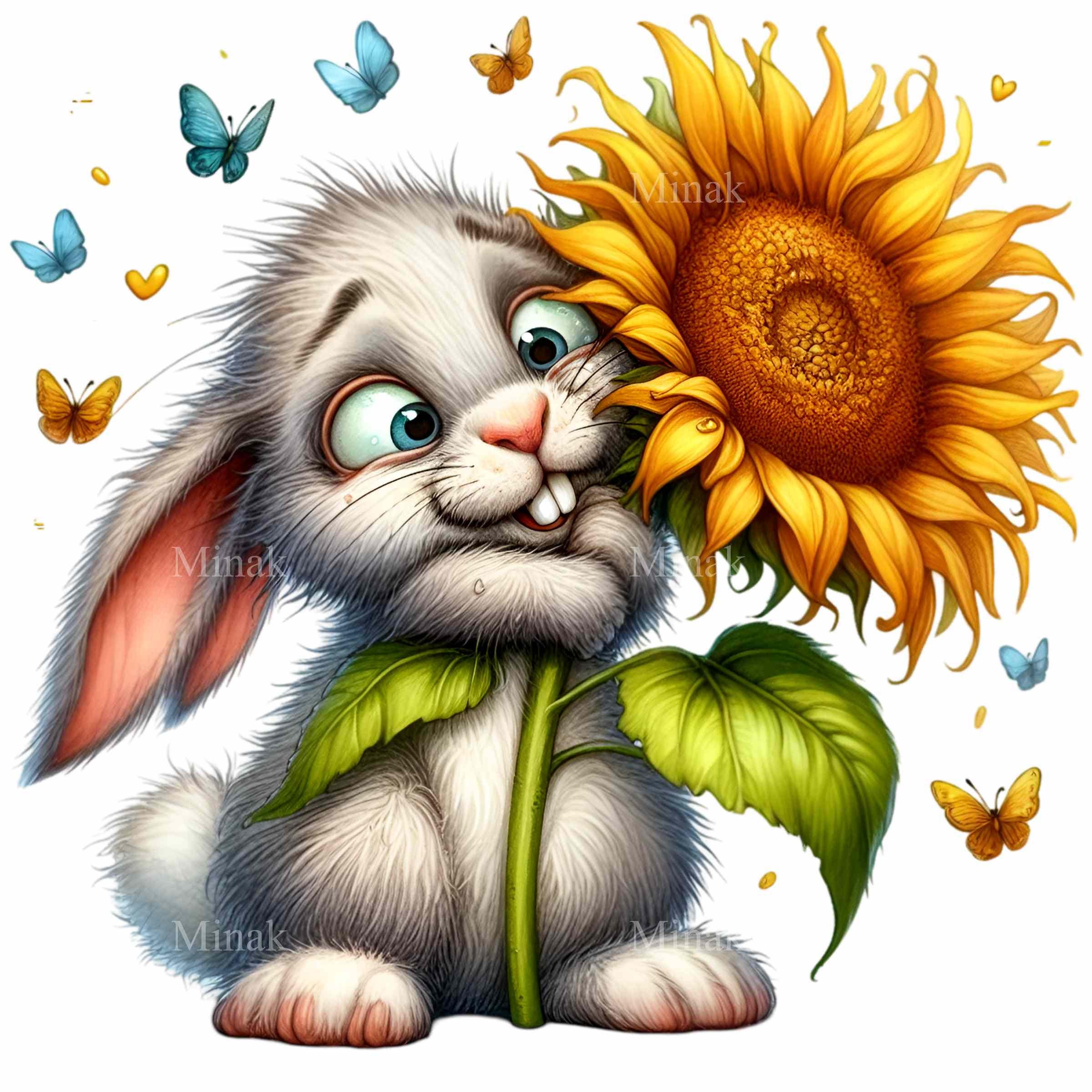 10 PNG Sunflower Bunny Clipart – Rabbit Art With Big Flower for Cards ...