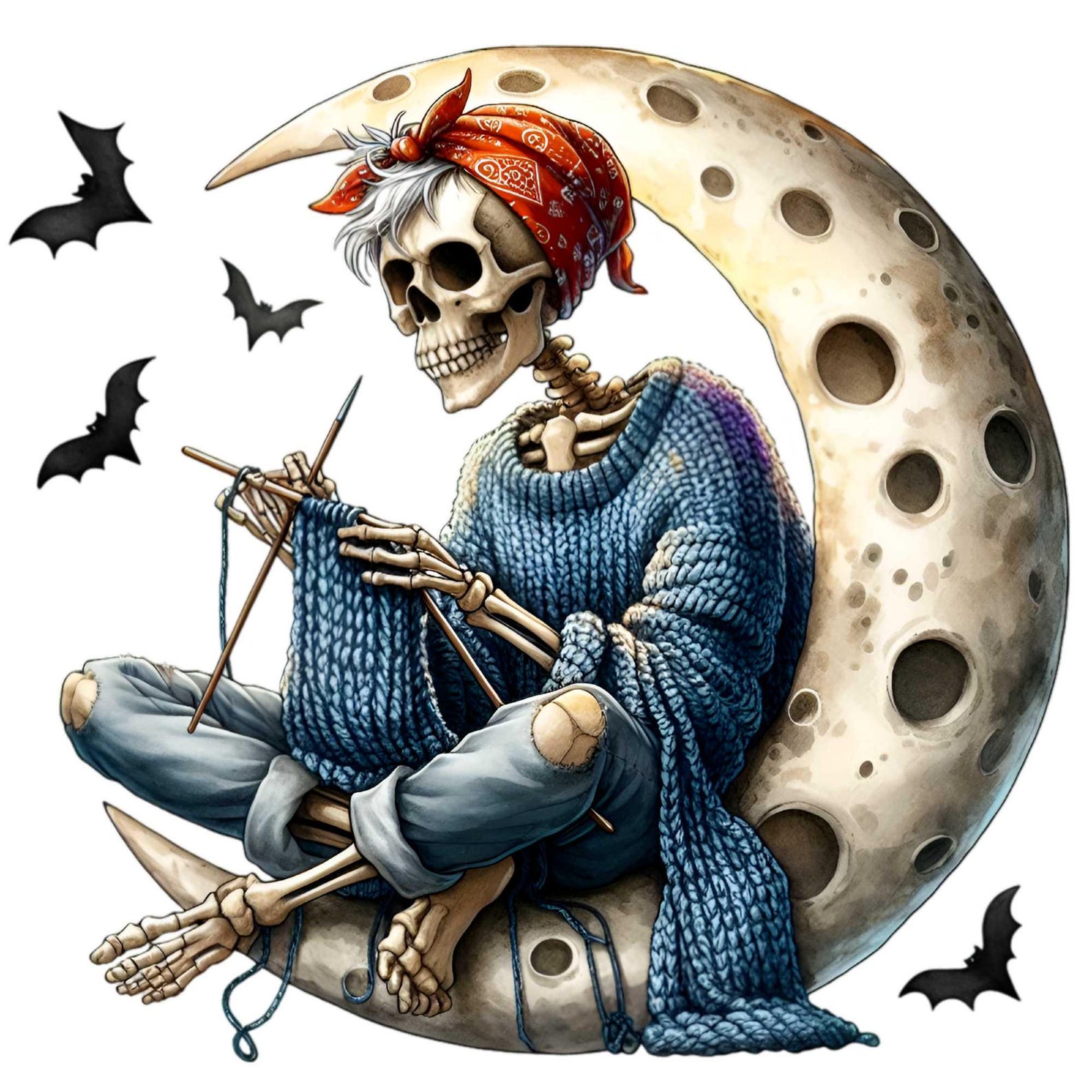 Knitting Skeleton on Crescent Moon Clipart PNG 14 Spooky Crafting in ...
