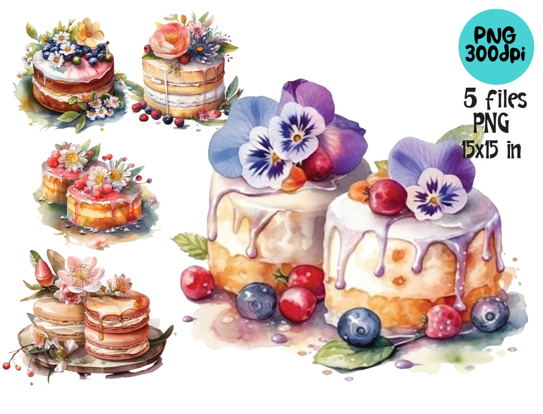 Sweet Cake Clipart PNG Watercolor Flowers Dessert Sublimation - Etsy