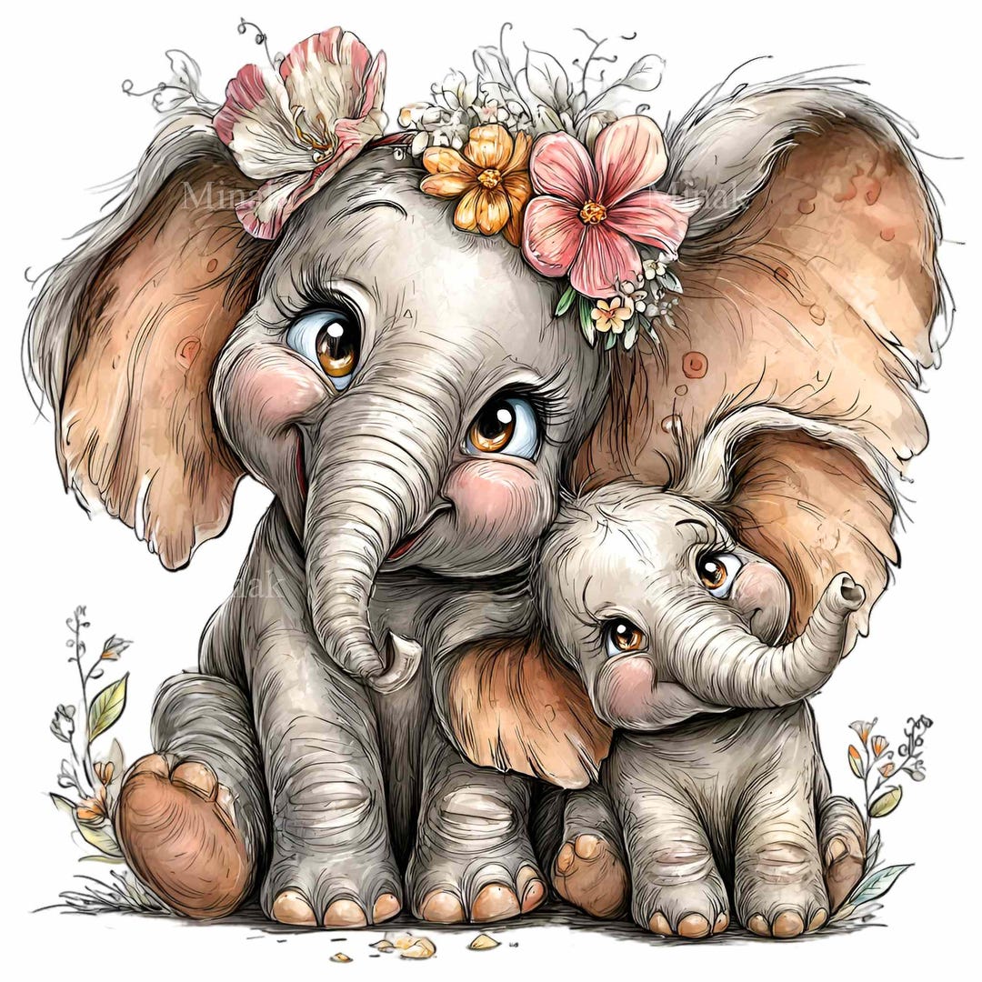 15 PNG Elephant Clipart – Cute Mom and Baby Elephant With Flowers for ...
