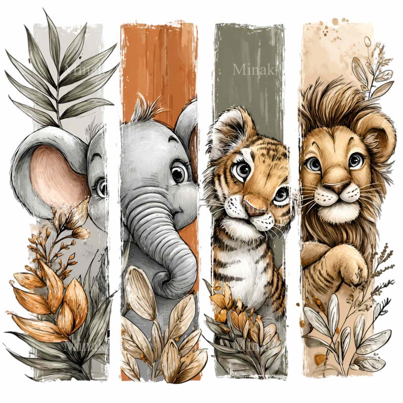 15 PNG Safari Nursery Clipart Set – Lion Giraffe Elephant Zebra Panels ...