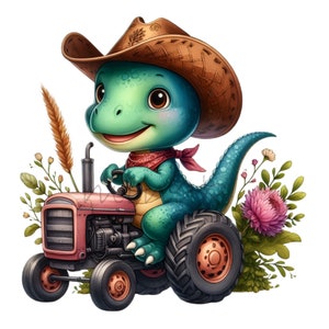 Cute Dinosaur Farmer 10 PNG Tractor Farm Kids Illustration Clipart, Printable, DIY Card Making ...