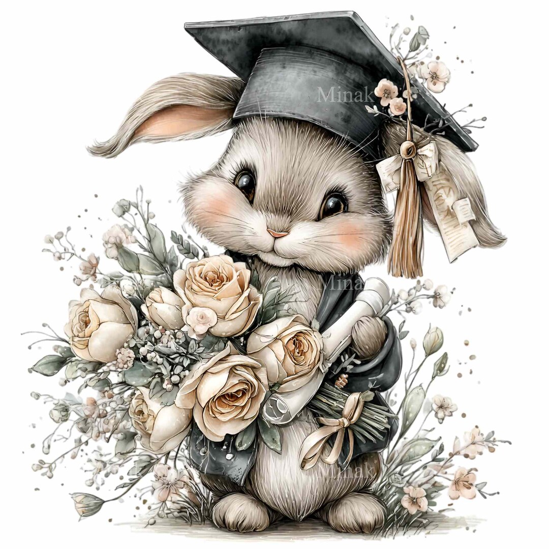 15 PNG Graduation Bunny Rabbit Clipart, Class of 2026 Diploma Floral ...