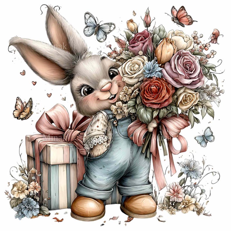 15 PNG Floral Rabbit Clipart, Birthday Bunny Flower Bouquet - Etsy