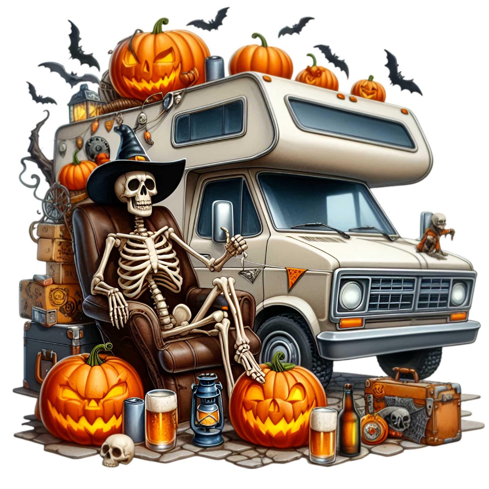 Spooky Skeleton Camper Clipart PNG 12 Halloween Road Trip With Pumpkin ...