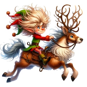 Whimsical Christmas Elf Riding Reindeer Clipart PNG - C10 Ute Festive ...