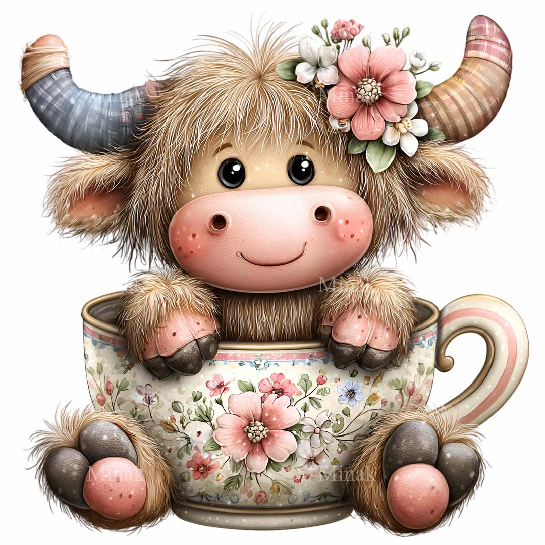 15 PNG Highland Cow Teacup Clipart – Floral Baby Cow Illustration ...