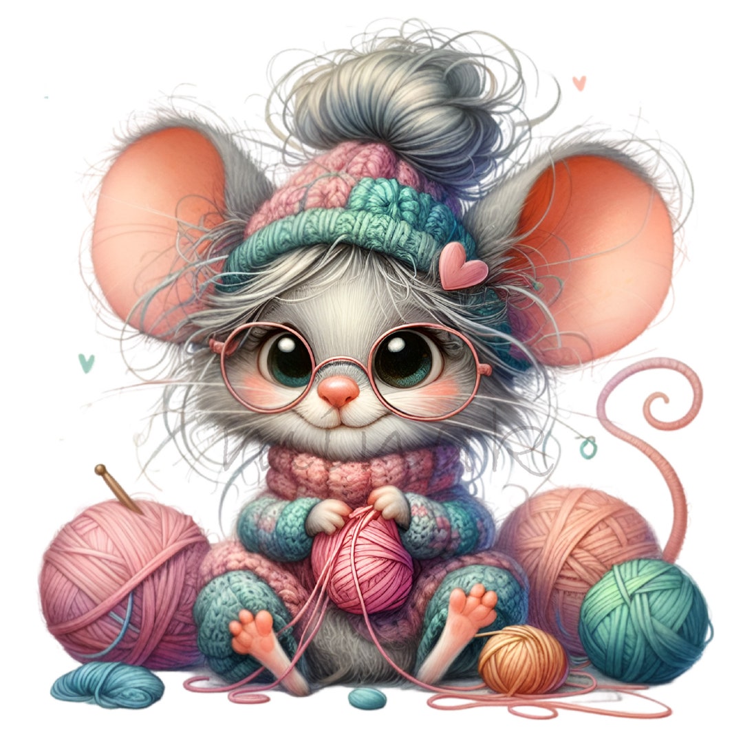 Cute Knitting Mouse Clipart Adorable Mouse Illustration 14 PNG Perfect ...