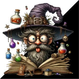 Crazy Wizard Making Potion Old Book Recipe, 12 PNG Funny Kids Halloween ...