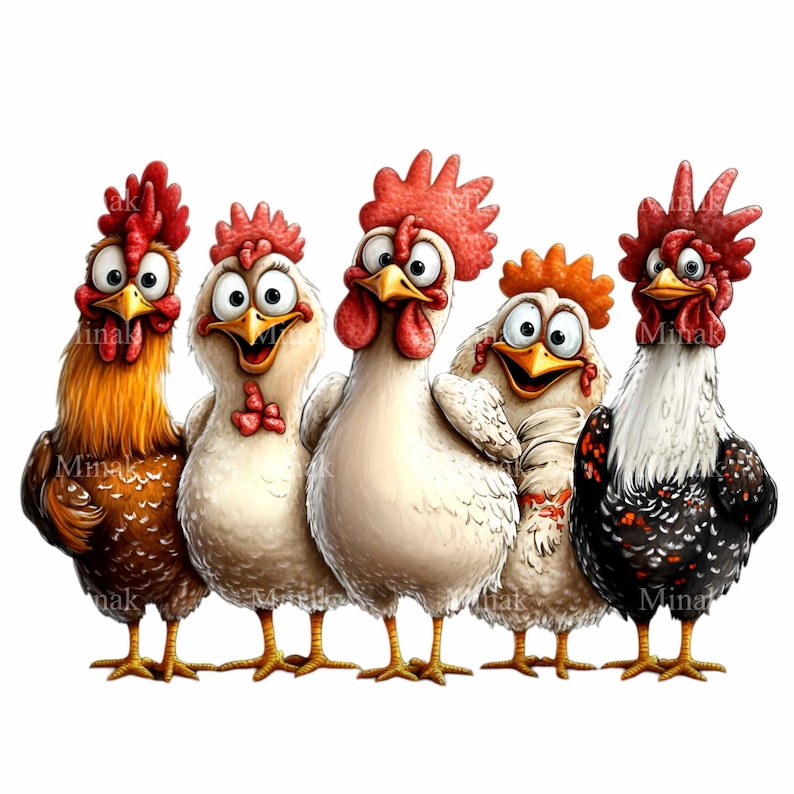 12 Funny Chickens Group PNG Clipart - Quirky Cartoon Farm Animals for ...