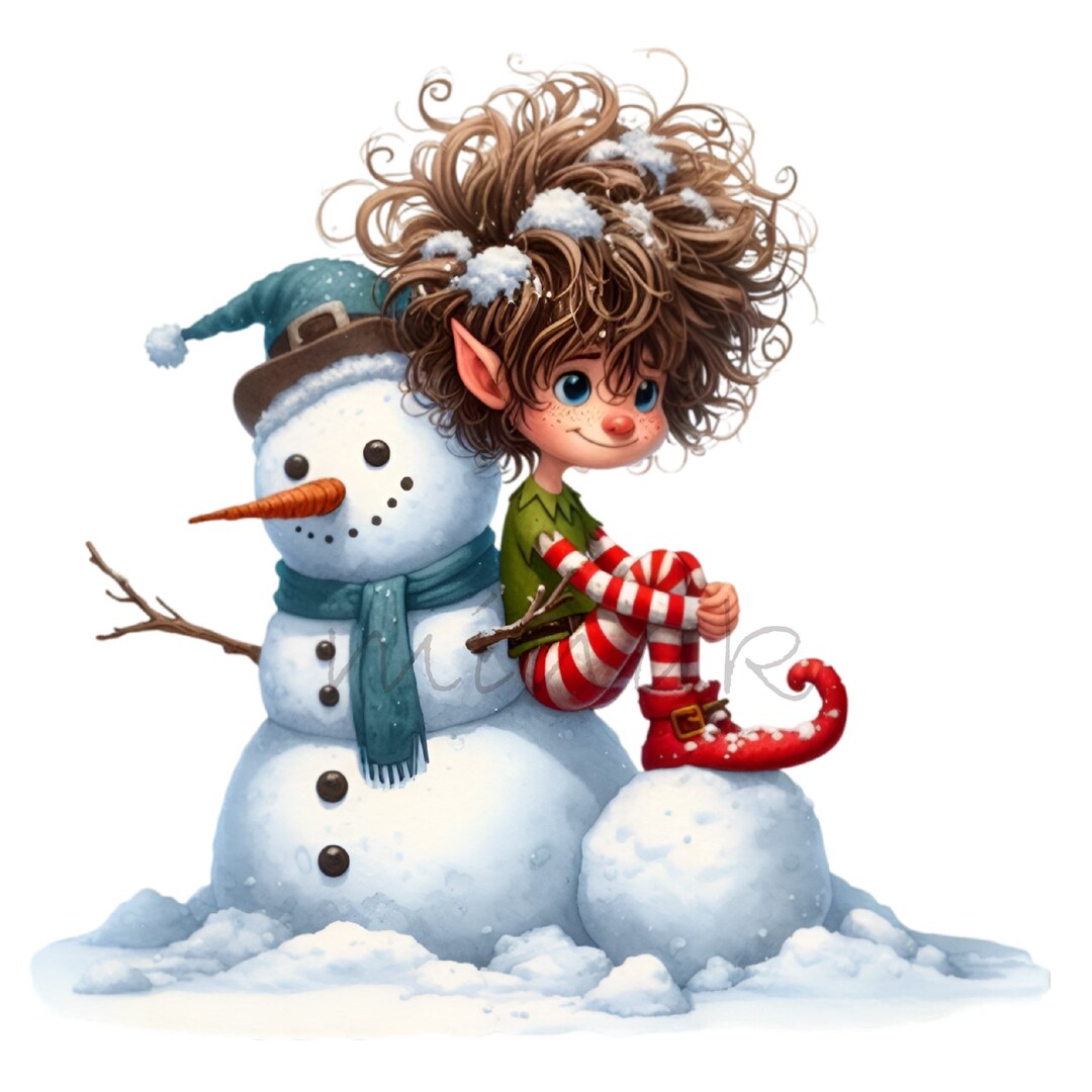 Whimsical Elf and Snowman Clipart Festive Winter 12 PNG Illustration ...