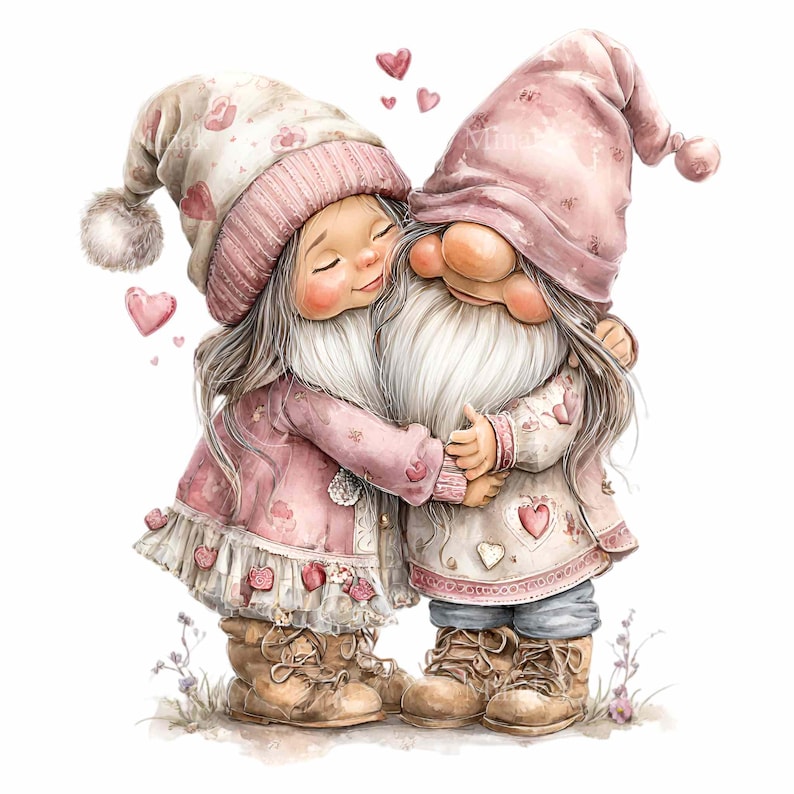 15 PNG Gnome Couple Clipart, Watercolor Love Gnomes Hugging Hearts ...