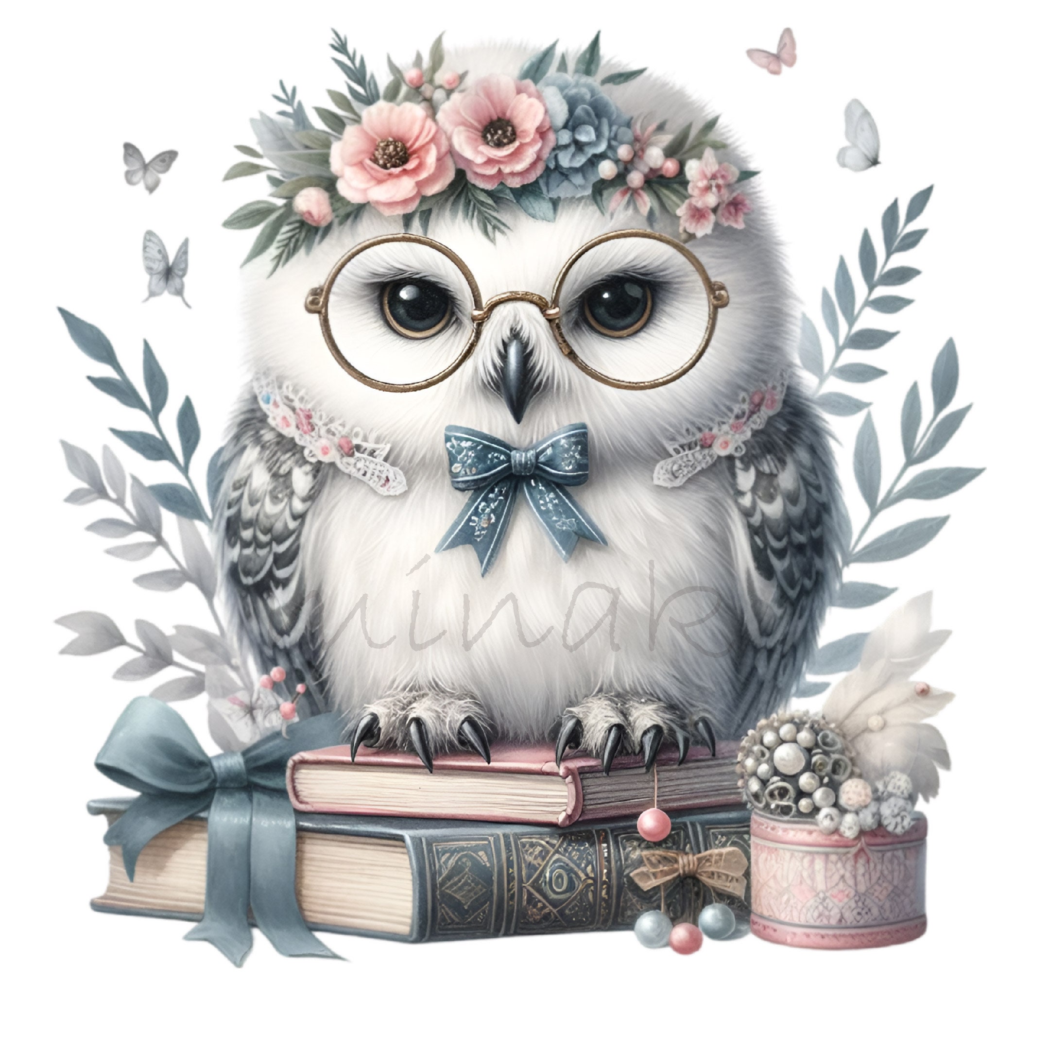12 PNG Book Owl Clipart – Floral Owl Art With Glasses and Vintage Books ...