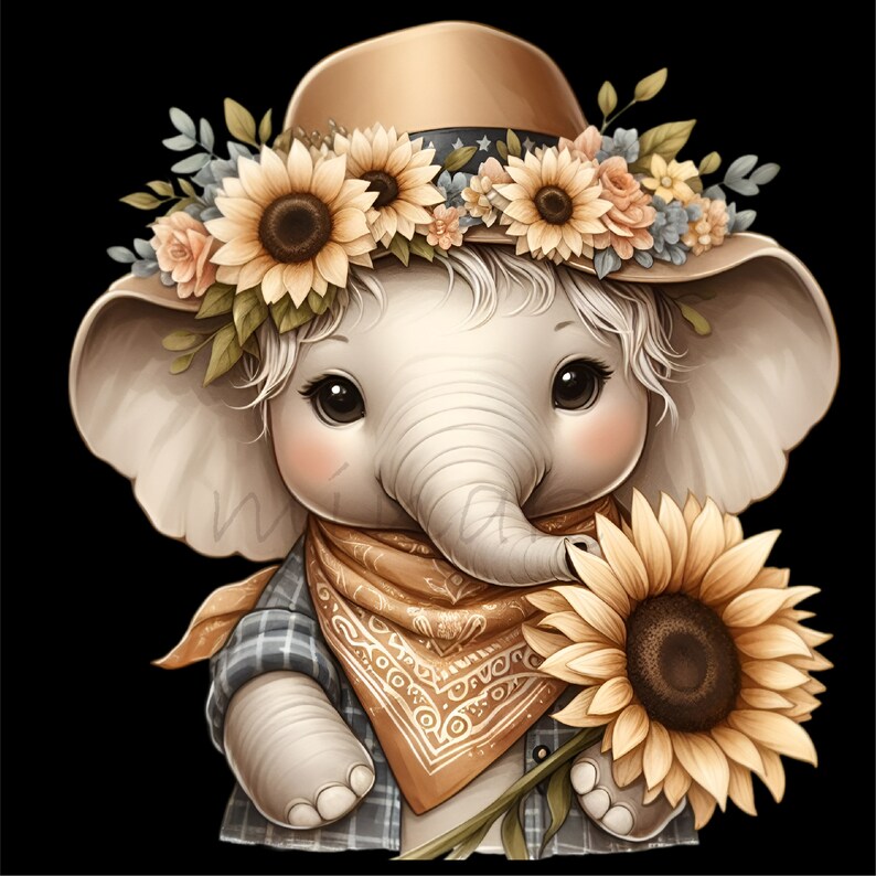 12 PNG Elephant Sunflower Farm Animal Clipart, Nursery Digital Download ...