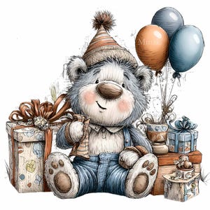 10 PNG Birthday Bear Clipart - Cute Animal Party Png - Kids Card Design ...
