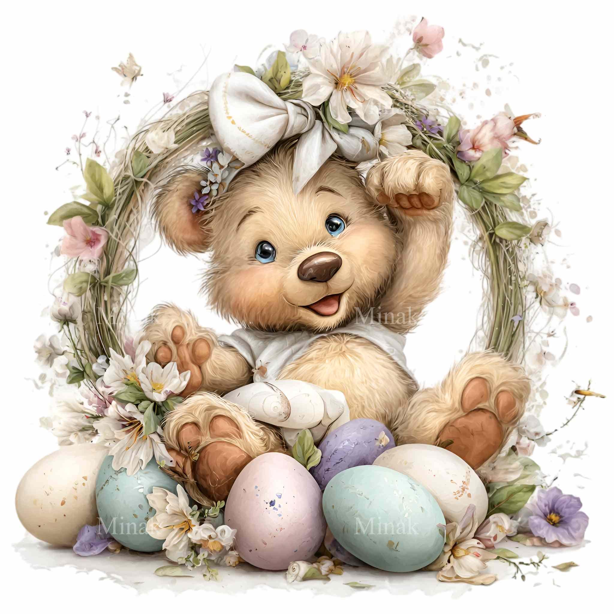 15 PNG Easter Bear, Floral Clipart With Eggs, Spring Nursery Animal ...