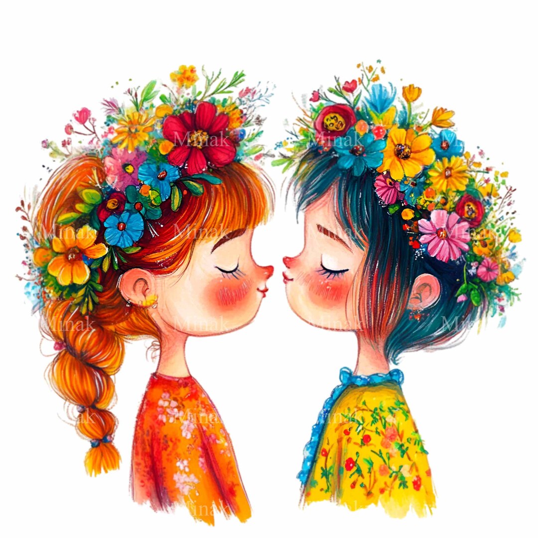 15 Girls With Floral Crowns PNG Clipart Colorful Hand-drawn Art for ...