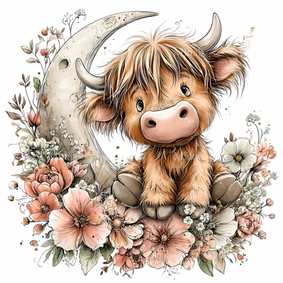 12 PNG Moon Cow – Highland PNG Clipart – Floral Baby Animal for Nursery ...