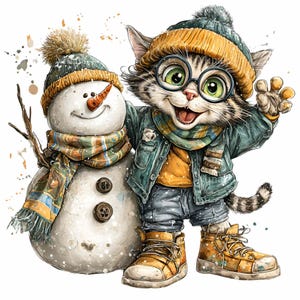 15 PNG Winter Cat and Snowman Clipart – Cute Cold Weather PNG – Holiday ...
