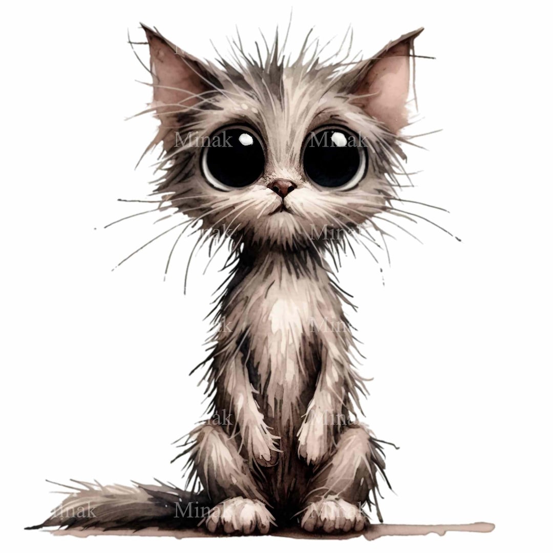15 Scruffy Cat Illustration PNG Clipart - Whimsical Big-eyed Kitten Art ...