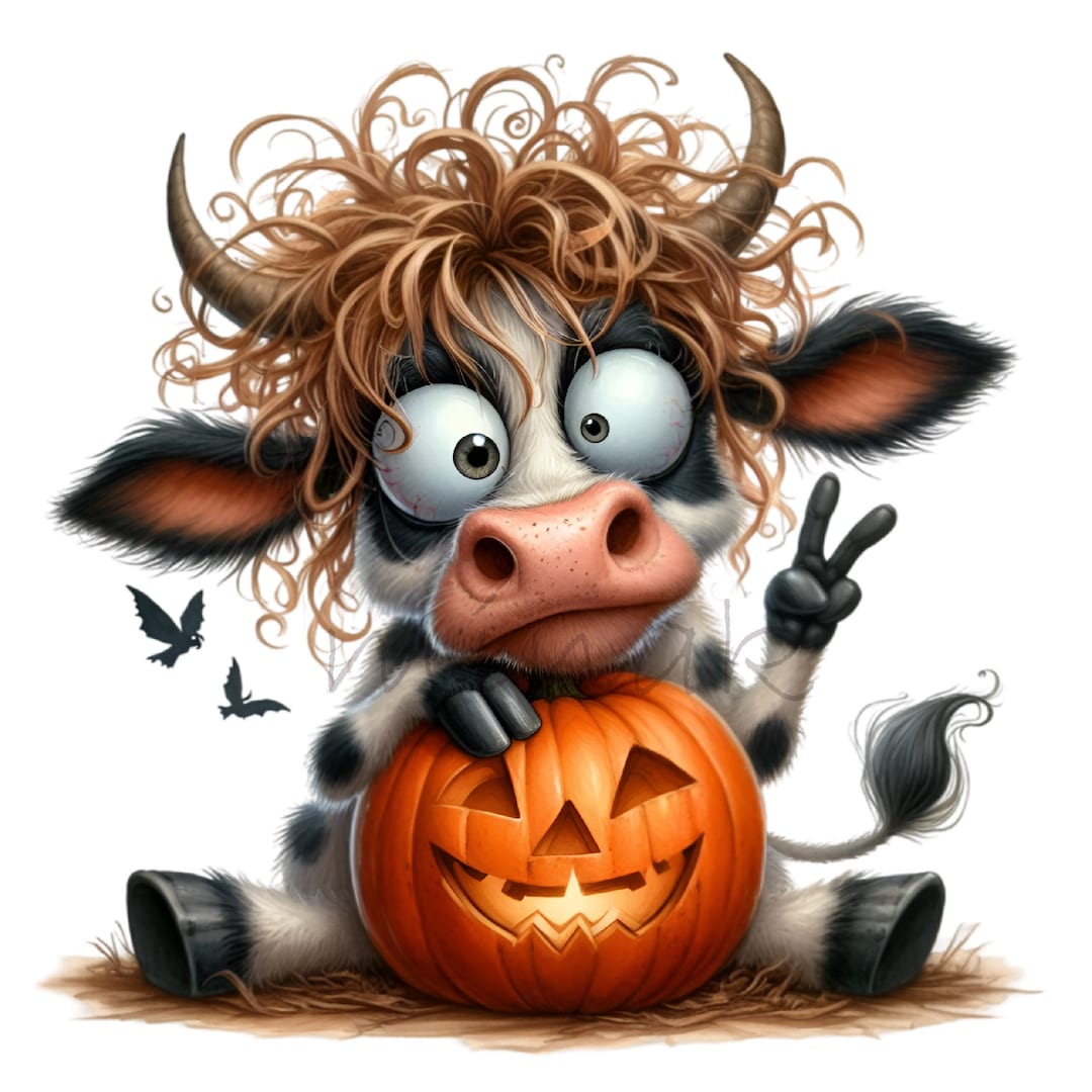12 Funny Halloween Cow PNG – Goofy Calf Holding Jack-o’-lantern With ...