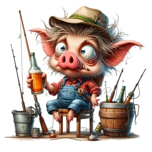 Funny Fishing Pig Clipart 15 Whimsical Pig With Fishing Rod and Beer ...