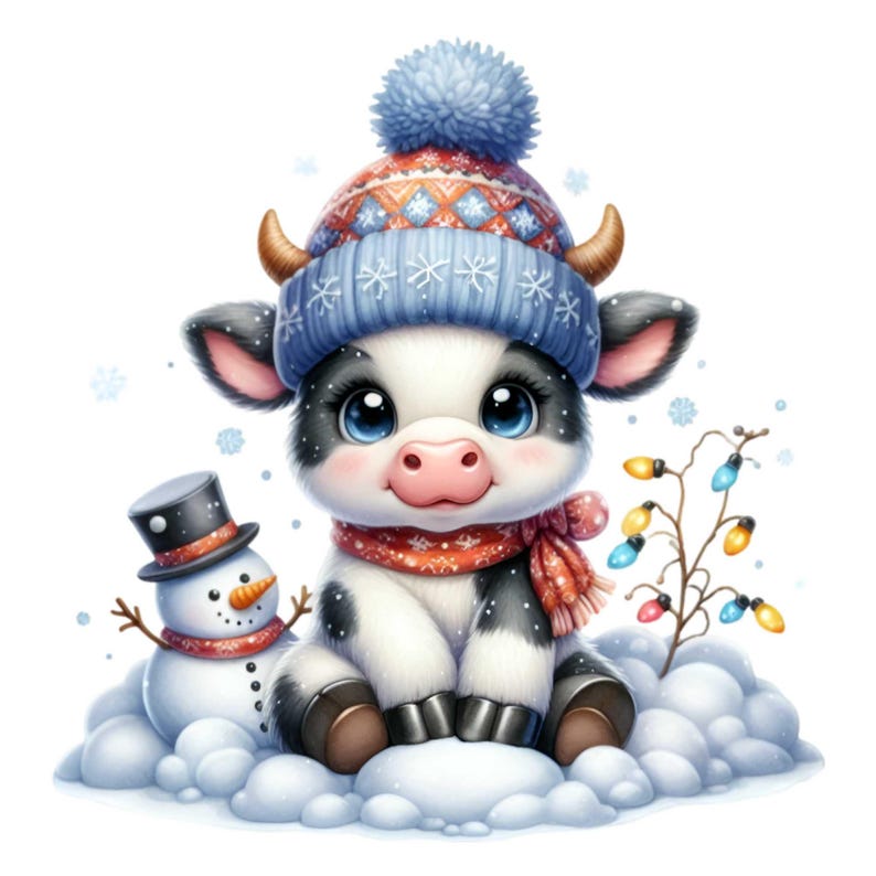 12 PNG Cute Christmas Calf Clipart, Baby Cow in Winter Hat PNG, Cartoon ...