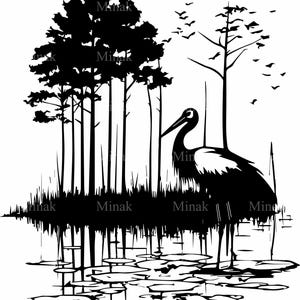 8 SVG Water Bird in Wetland SVG Cut File | Heron Lake Scene With Trees ...